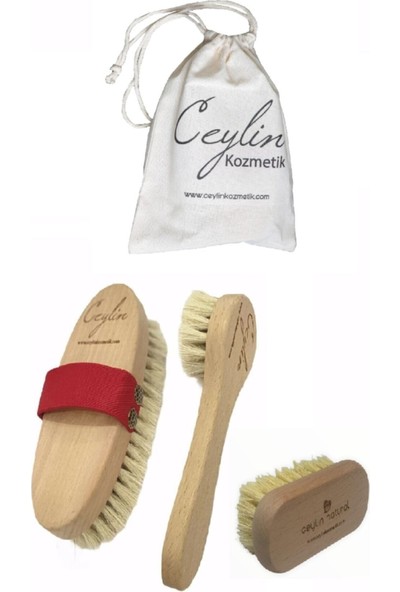 Ceylin 3' Lü Set Doğal At Kılı Selülit Fırçası + Yüz Fırçası + Tırnak Fırçası