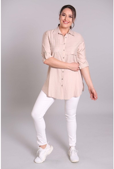 Elsin Butik Kadın Büyük Beden Sağ Ön Taş Baskılı Bej Çizgili Tunik Gömlek POTP211109