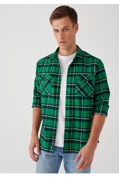 Mavi Kareli Yeşil Gömlek