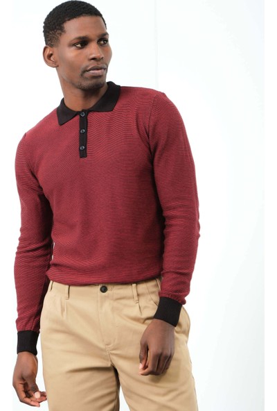 Adze Erkek Siyah-Bordo Polo Yaka Çizgili Yün Kazak Adze Erkek Siyah-Bordo Polo Yaka Çizgili Yün Kazak