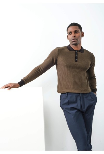 Adze Erkek Siyah-Haki Polo Yaka Çizgili Yün Kazak