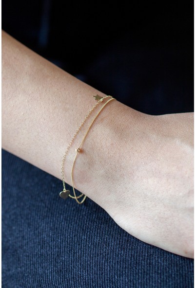 Cenova Kuyumculuk 14 Ayar Altın Çift Sıralı Sallantılı Kalpli Yıldızlı Bileklik