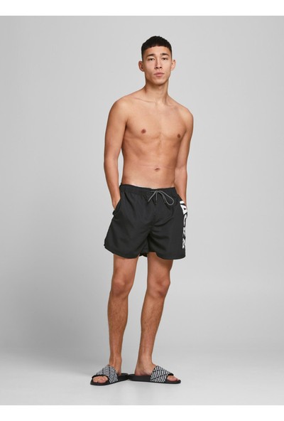 Jack & Jones Beli Lastikli Logo Baskılı Cepli Siyah Erkek Şort Mayo