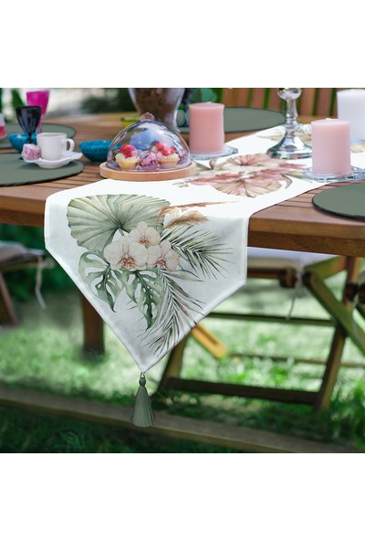 Real Homes Tropik Yaprak Tasarımlı Dijital Baskılı Dekoratif Püsküllü Şönil Üçgen Runner Real Homes Tropik Yaprak Tasarımlı Dijital Baskılı Dekoratif Püsküllü Şönil Üçgen Runner