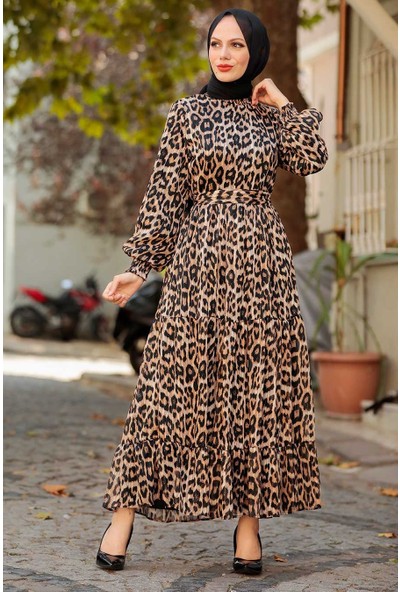 Neva Style - Leopar Desenli Tesettür Elbise 22601LP Neva Style - Leopar Desenli Tesettür Elbise 22601LP