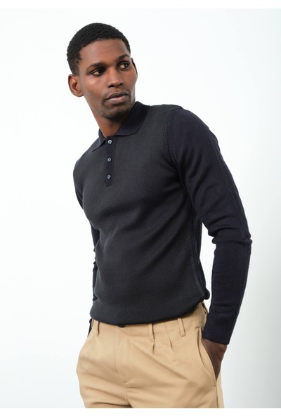 Adze Erkek Lacivert-Hunter Gri Desenli Polo Yaka Yün Kazak