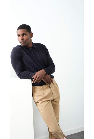 Adze Erkek Lacivert Desenli Polo Yaka Yün Kazak Adze Erkek Lacivert Desenli Polo Yaka Yün Kazak