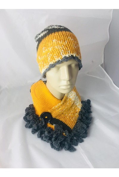 DRT Tasarım El Örgüsü Atkı Bere Takımı Sarı Gri