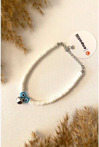 Enpatili Ayarlanabilir Zilli Nazar Boncuklu Kedi Tasması Kolyesi Beyaz