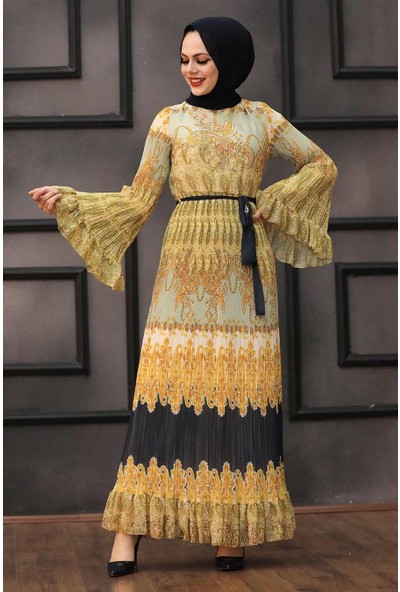 Neva Style - Volan Kol Desenli Gold Tesettür Elbise 23813GOLD
