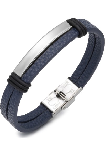 Chavin Çelik ve Mavi Deri Çelik Erkek Bileklik