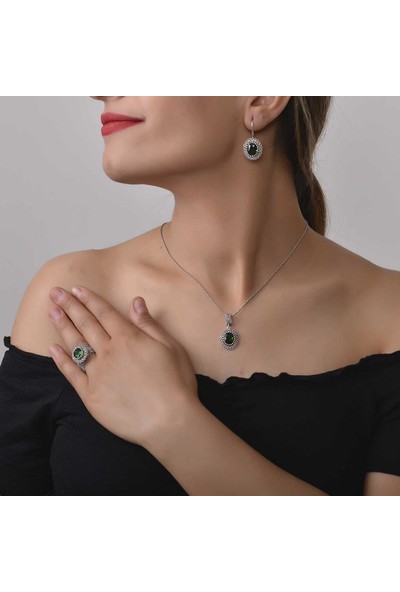 DMN Telkari Silver Telkari Işleme Zümrüt Taşlı Oksitli Üçlü Set