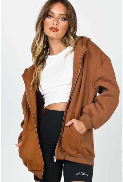 Madmext Mad Girls Kahverengi Kapüşonlu Sweatshirt MG1223