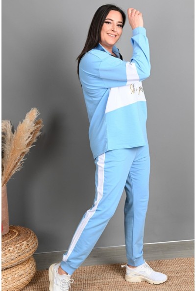 Koza Kadın Yarım Fermuarlı Kapüşonlu Yaldız Baskılı Büyük Beden Eşofman Takımı 3089-22