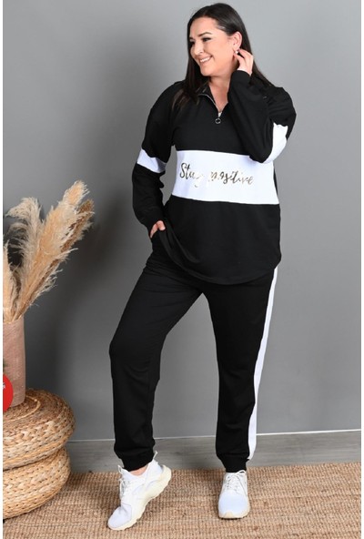 Koza Kadın Yarım Fermuarlı Kapüşonlu Yaldız Baskılı Büyük Beden Eşofman Takımı 3089-22