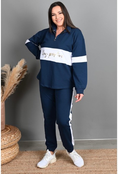 Koza Kadın Yarım Fermuarlı Kapüşonlu Yaldız Baskılı Büyük Beden Eşofman Takımı 3089-22