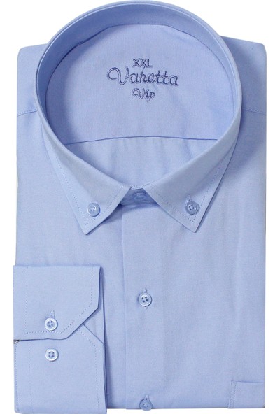 Varetta Erkek Mavi Büyük Beden Yaka Düğmeli Uzun Kollu Düz Klasik Erkek Gömlek
