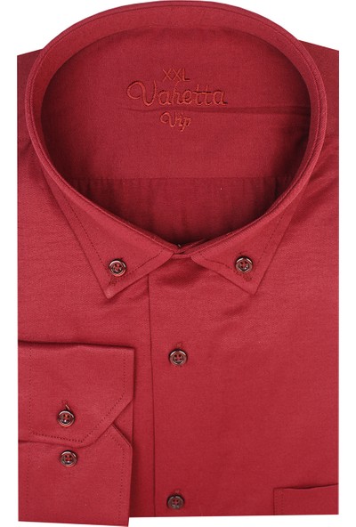 Varetta Erkek Bordo Büyük Beden Yaka Düğmeli Uzun Kollu Düz Klasik Erkek Gömlek