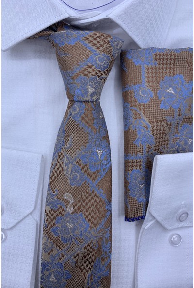 Quesste Erkek Mavi Çiçek Desenli Kravat Mendil Kutulu Set