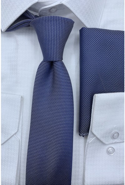 Quesste Mavi Armür Desenli Kravat Mendil Kutulu Set