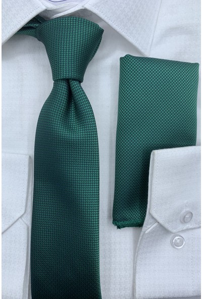 Quesste Koyu Yeşil Armür Desenli Kravat Mendil Kutulu Set