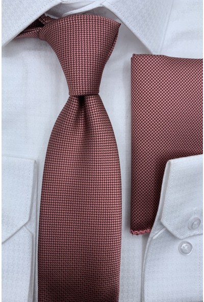 Quesste Gül Kurusu Armür Desenli Kravat Mendil Kutulu Set