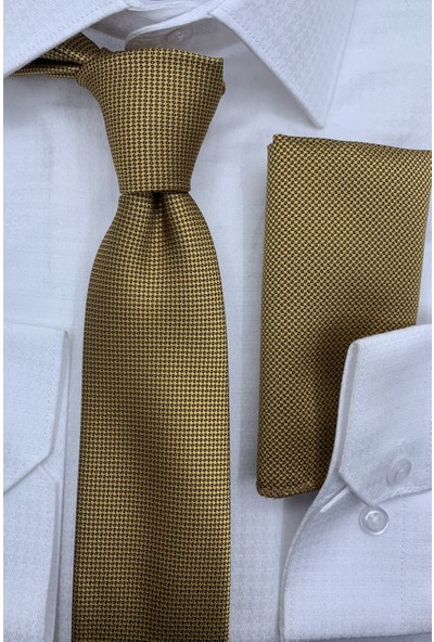 Quesste Gold Armür Desenli Kravat Mendil Kutulu Set