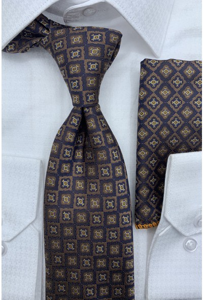Quesste Kahverengi Lacivert Desenli Kravat Mendil Kutulu Set