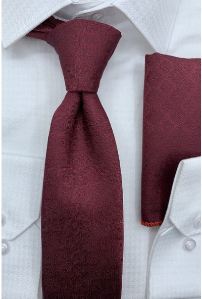 Quesste Bordo Desenli Kravat Mendil Kutulu Set