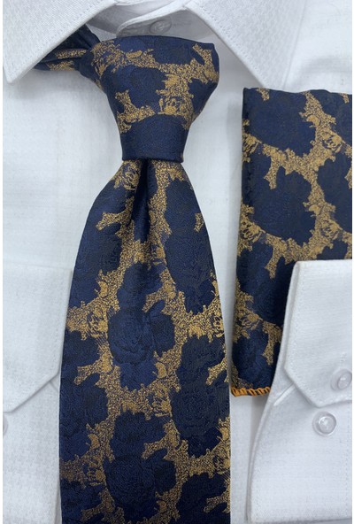 Quesste Lacivert Gold Desenli Kravat Mendil Kutulu Set