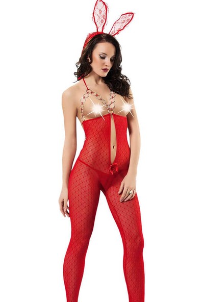 Sistina Kırmızı Göğsü Açık Zincirli Fantazi Vücut Çorabı 1009