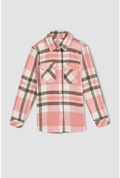 DeFacto Kız Çocuk Oversize Fit Yılbaşı Temalı Uzun Kollu Flanel Oduncu Gömlek T6962A621AU