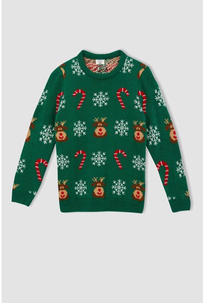 DeFacto Erkek Çocuk Slim Fit Bisiklet Yaka Yılbaşı Temalı Kazak V4914A621WN DeFacto Erkek Çocuk Slim Fit Bisiklet Yaka Yılbaşı Temalı Kazak V4914A621WN