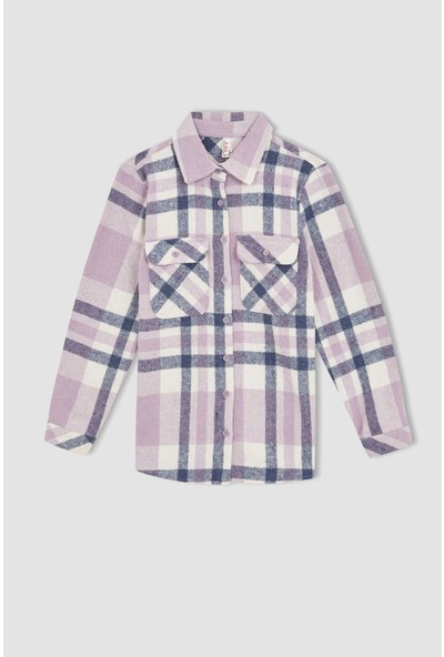 DeFacto Kız Çocuk Oversize Fit Yılbaşı Temalı Uzun Kollu Flanel Oduncu Gömlek T6962A621AU