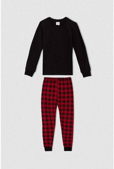 DeFacto Erkek Çocuk Regular Fit Bisiklet Yaka Kareli Pamuklu Uzun Kollu Pijama Takım W5872A621CW