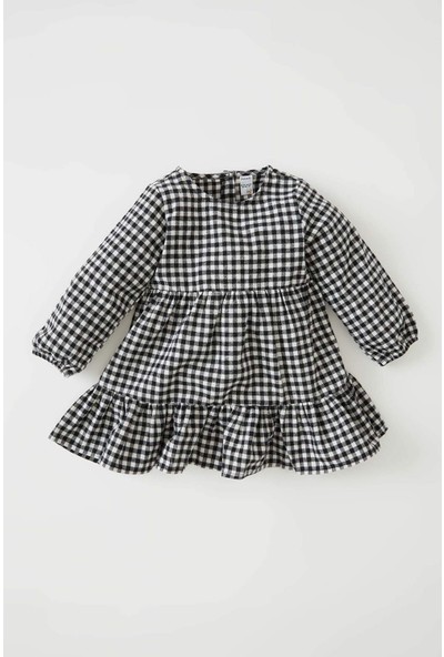 DeFacto Kız Bebek Bisiklet Yaka Yılbaşı Temalı Kareli Uzun Kollu Elbise W4650A221WN