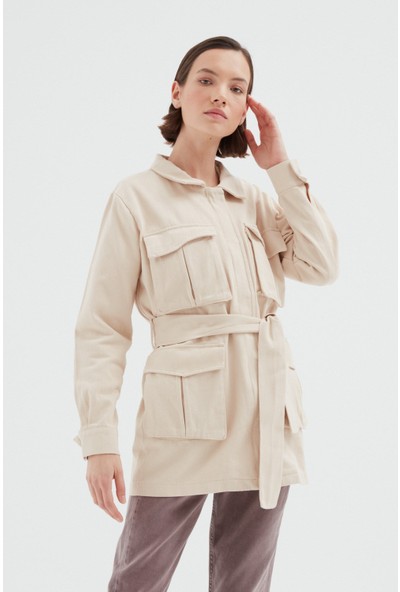 Quzu Kemerli Cepli Uzun Ceket Taş
