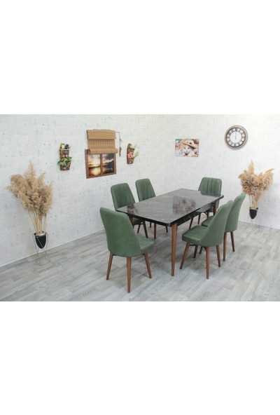 Uğurmob Lüx Siyah-Ahşap Ayaklı-Açılır Masa-Sandalye Takımı 6 Sandalyeli