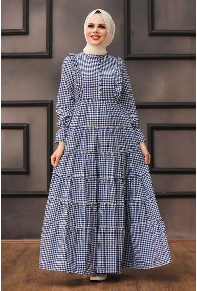 Neva Style - Ekoseli Indigo Mavisi Tesettür Elbise 2709IM