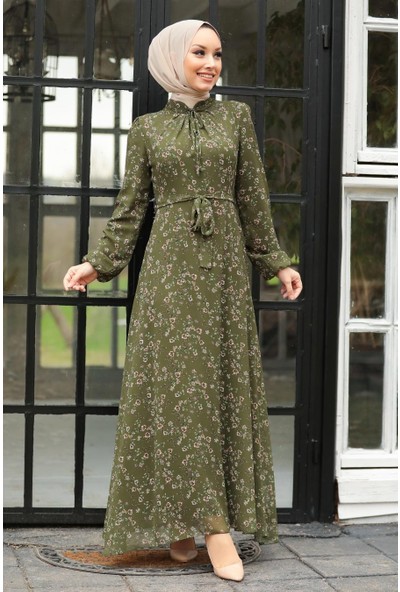 Neva Style - Çiçek Desenli Yeşil Tesettür Elbise 27902Y Neva Style - Çiçek Desenli Yeşil Tesettür Elbise 27902Y