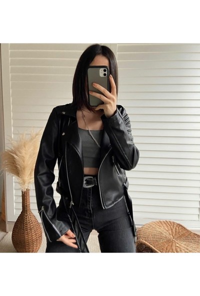 Woolncylde Kadın Siyah Deri Ceket Deri Mont