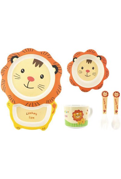 Sakuraa 5'li Bambu Elyaf Çocuk Kase Çatal Kaşık Yemek Takımı A07 Aslan (Yurt Dışından)