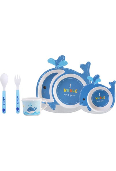 Sakuraa 5'li Bambu Elyaf Çocuk Kase Çatal Kaşık Yemek Takımı A05 Balina (Yurt Dışından)