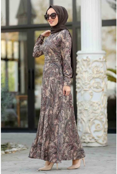 Neva Style Neva Style - Etnik Desenli Vizon Tesettür Elbise 7591V Neva Style Neva Style - Etnik Desenli Vizon Tesettür Elbise 7591V