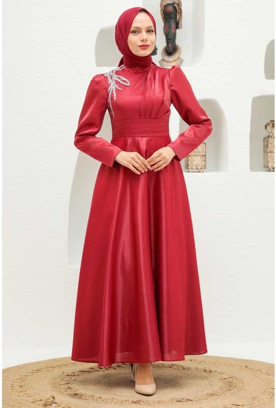 Neva Style Tesettürlü Abiye Elbise - Saten Kırmızı Tesettür Abiye Elbise 22301K