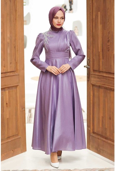 Neva Style Tesettürlü Abiye Elbise - Saten Lila Tesettür Abiye Elbise 22301LILA
