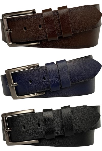 Go Deri Deri Premium 3'lü Set Siyah Kahverengi Lacivert Kot Spor Kemer 4.5 cm