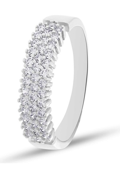 Dorissa Silver 925 Ayar Gümüş Üç Sıralı Rodyumlu Önü Zirkon Taşlı Özel Tasarım Yüzük