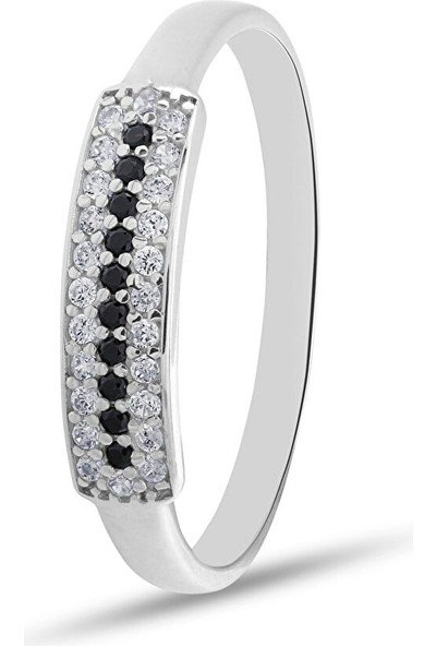 Dorissa Silver 925 Ayar Gümüş Rodyumlu Önü Siyah-Beyaz Zirkon Taşlı Özel Tasarım Yüzük