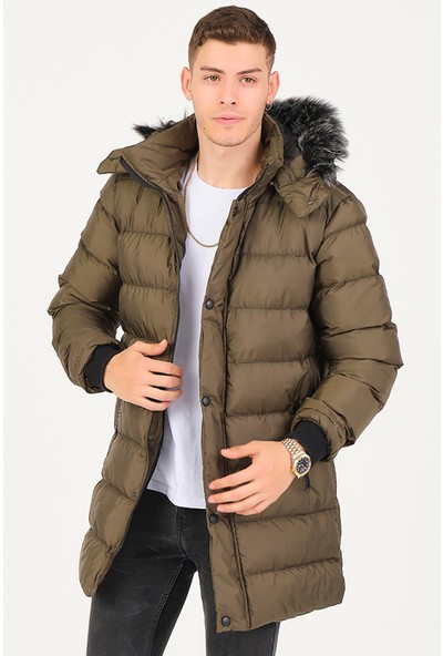 Mascarano Kapüşonlu Kürk Detaylı Erkek Haki Uzun Şişme Mont
